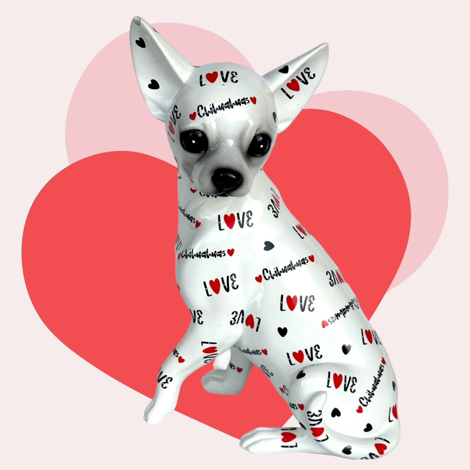 Chihuahua Love figurine with 'Love Chihuahuas' wording & red hearts, h
