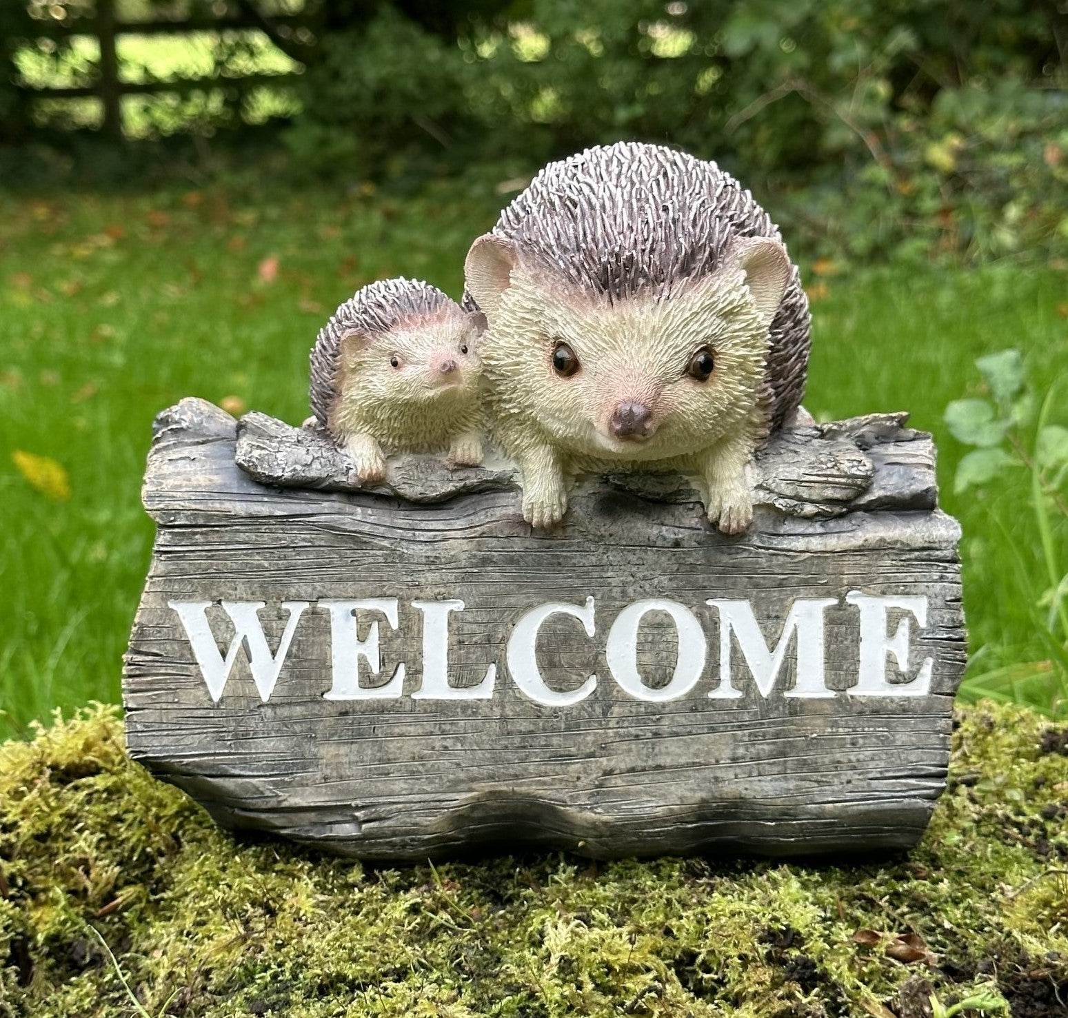 Hedgehog garden decoration with WELCOME wording, wood effect resin, no