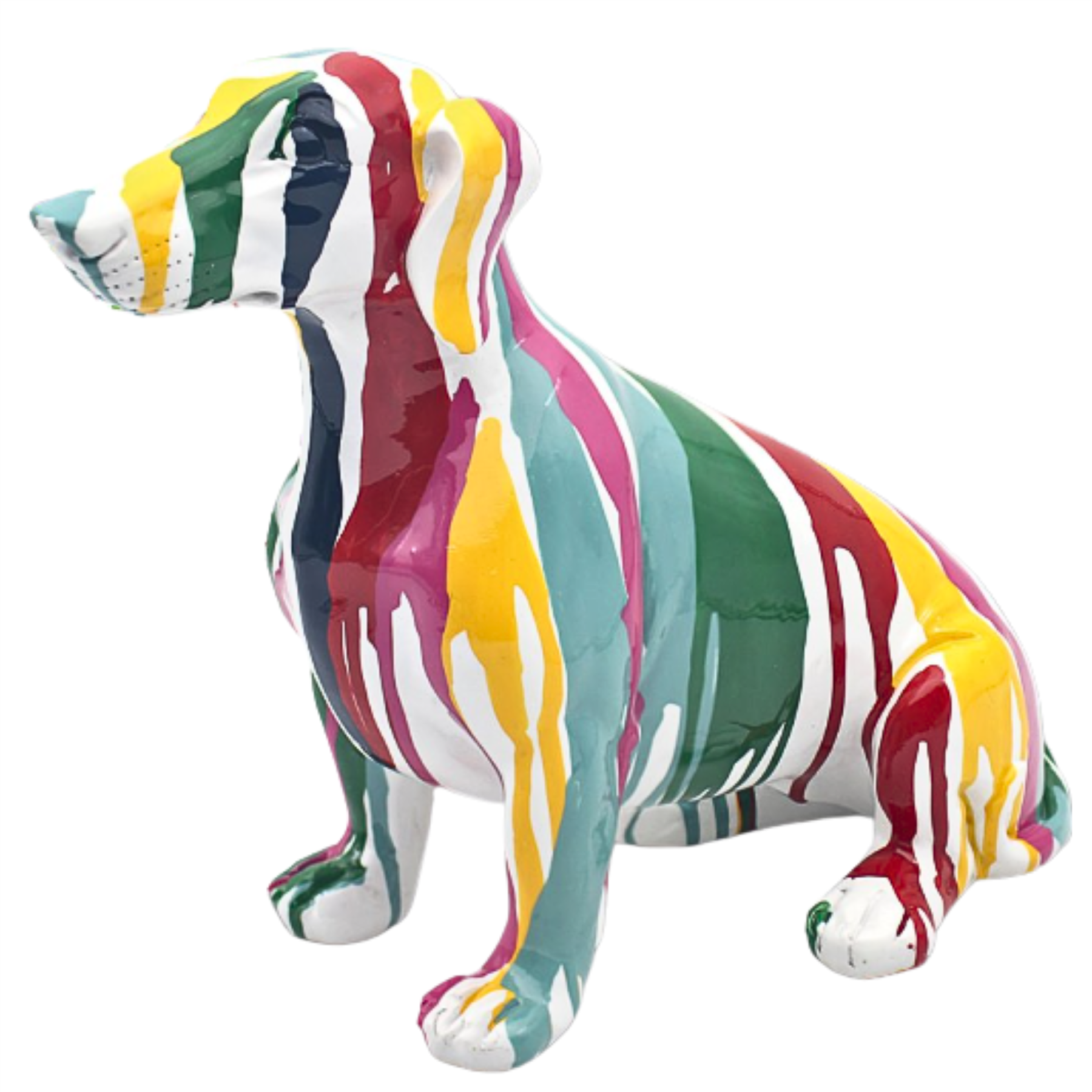 Dachshund Dog Drip Art figurine, white with bright multi-coloured pain