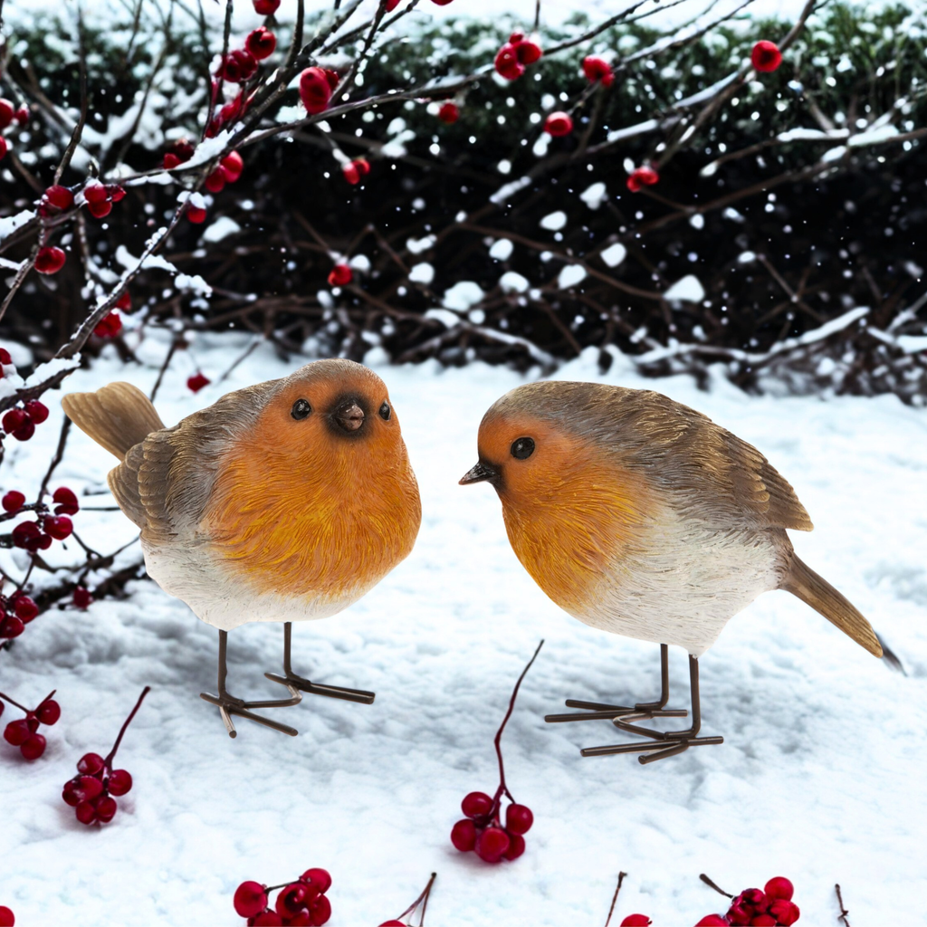 Two Robin figurines in different poses, indoor or outdoor garden decor