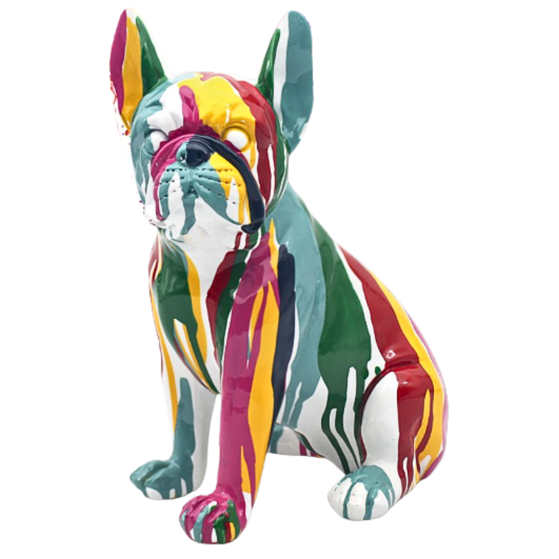 French Bulldog Dog Drip Art figurine, white with bright multi-coloured