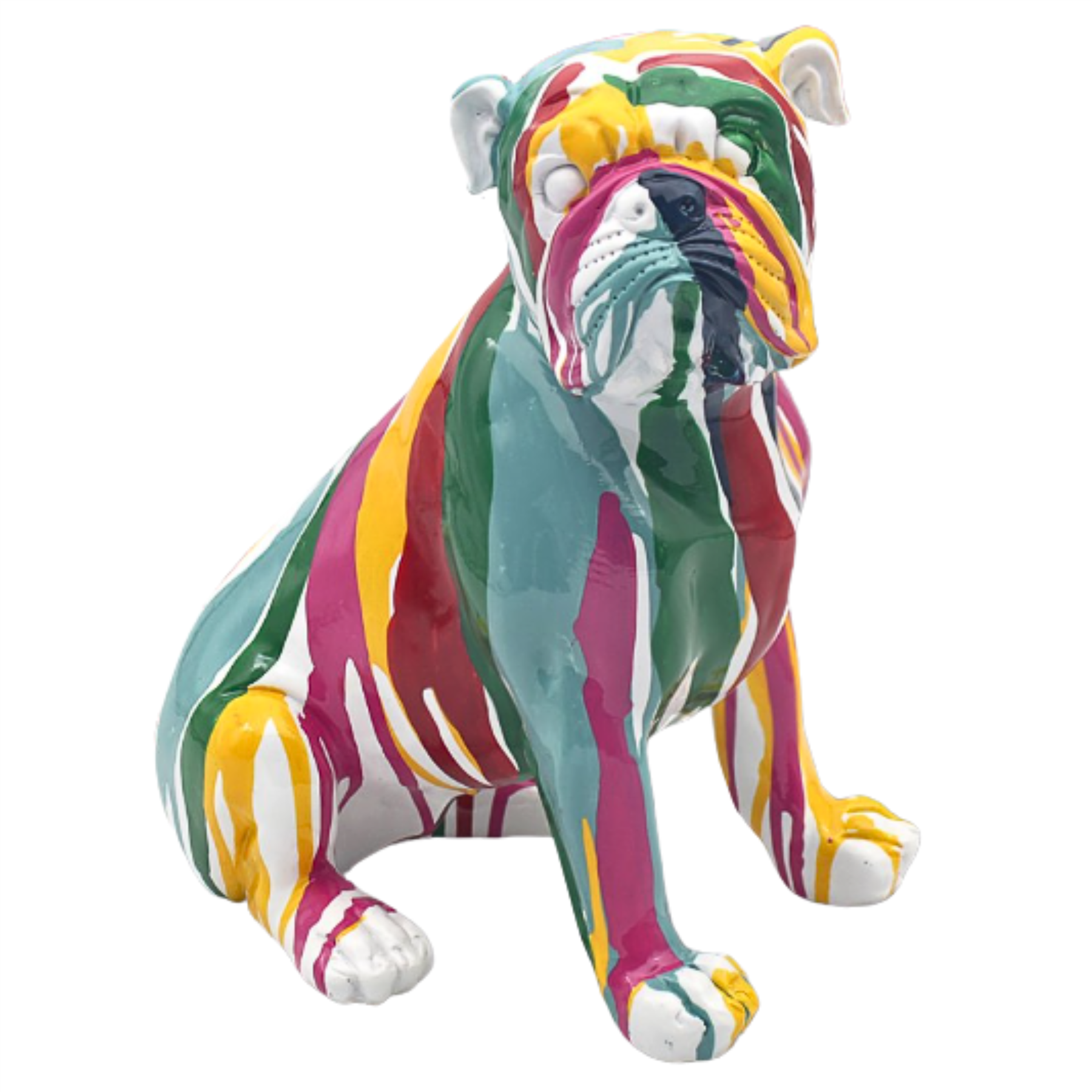 Bulldog Dog Drip Art figurine, white with bright multi-coloured paint