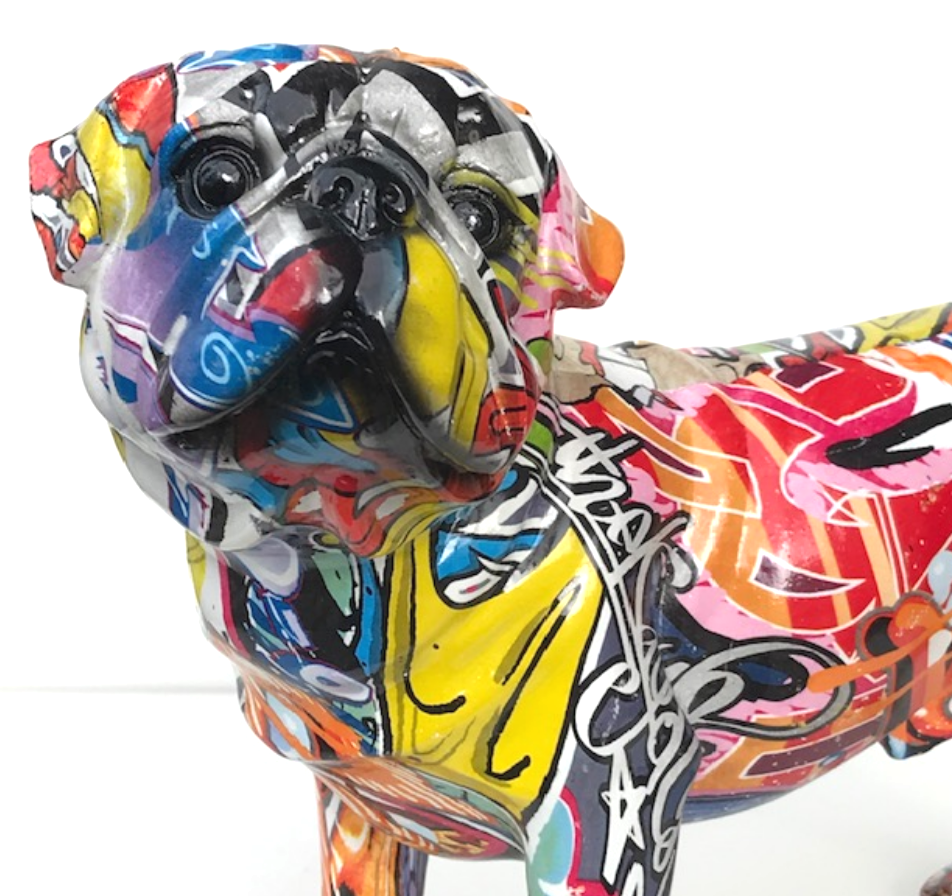 Graffiti Art Pug figurine, bright coloured gloss finish, boxed