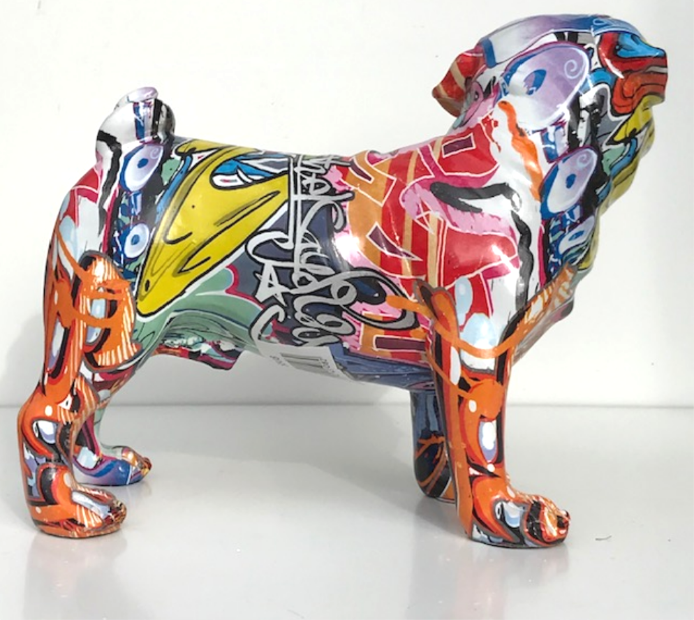 Graffiti Art Pug figurine, bright coloured gloss finish, boxed