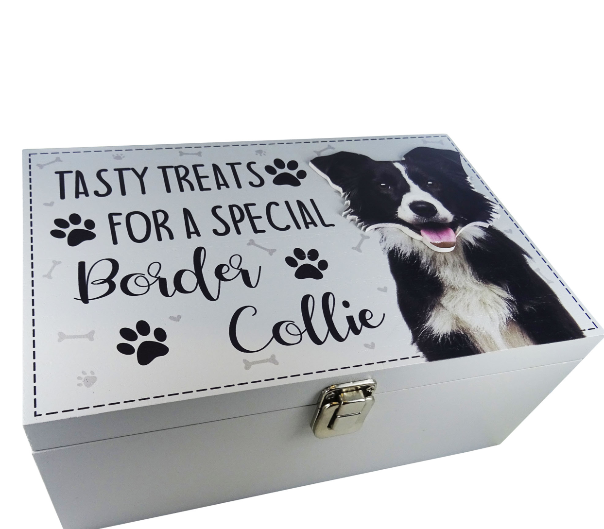 Dog Treat Box for Border Collie, wooden food storage box container